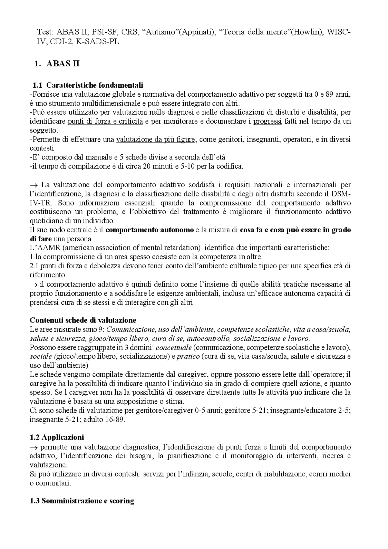 Linee guida e breve riassunti test clinici : ABAS-II, PSI-SF, CRS-R ...