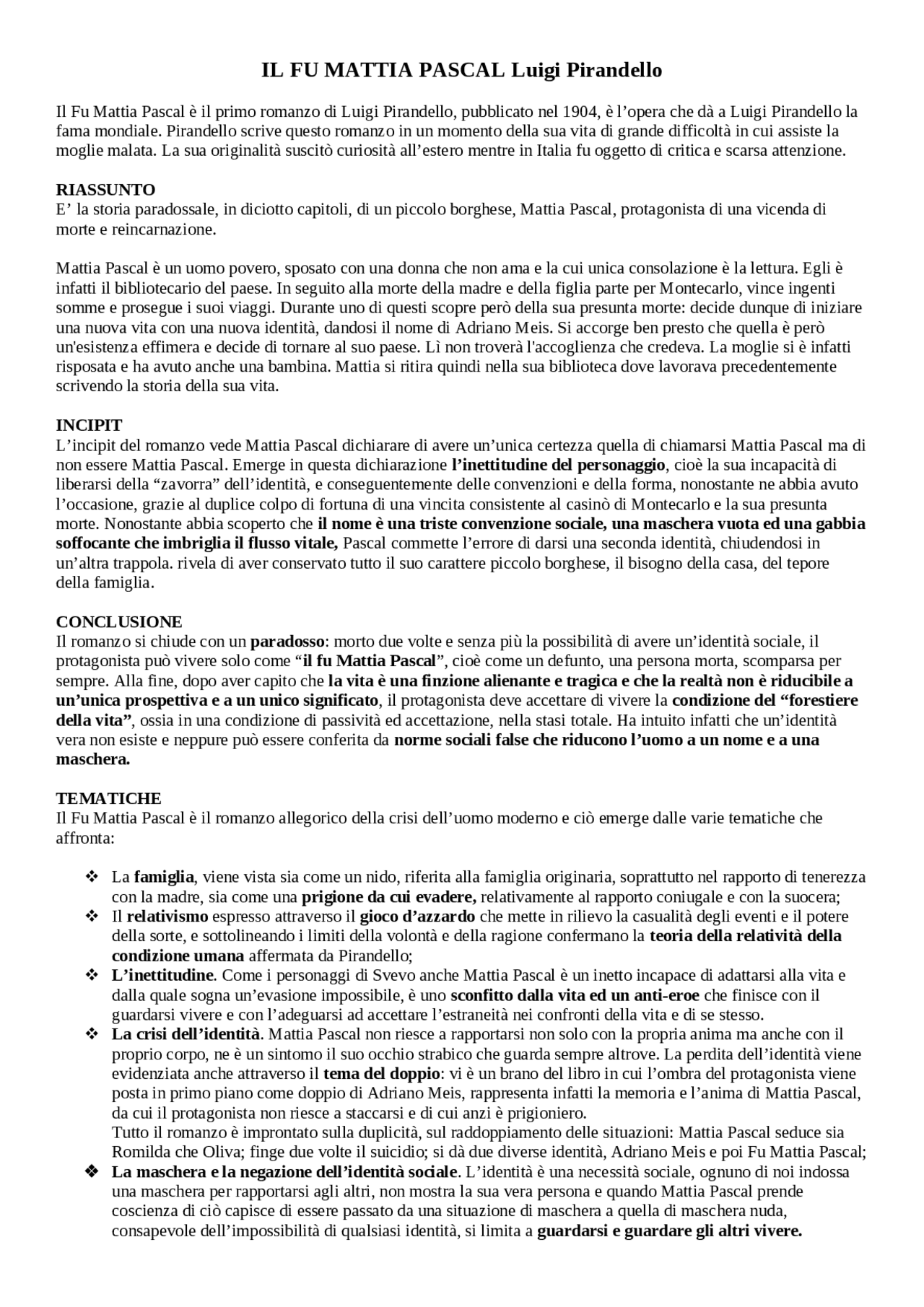 Riassunto E Analisi Il Fu Mattia Pascal” Docsity