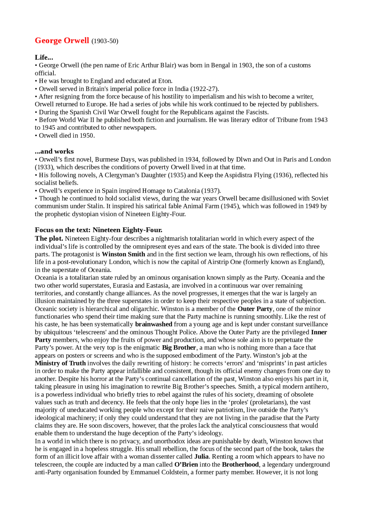 George Orwell life and works - Docsity