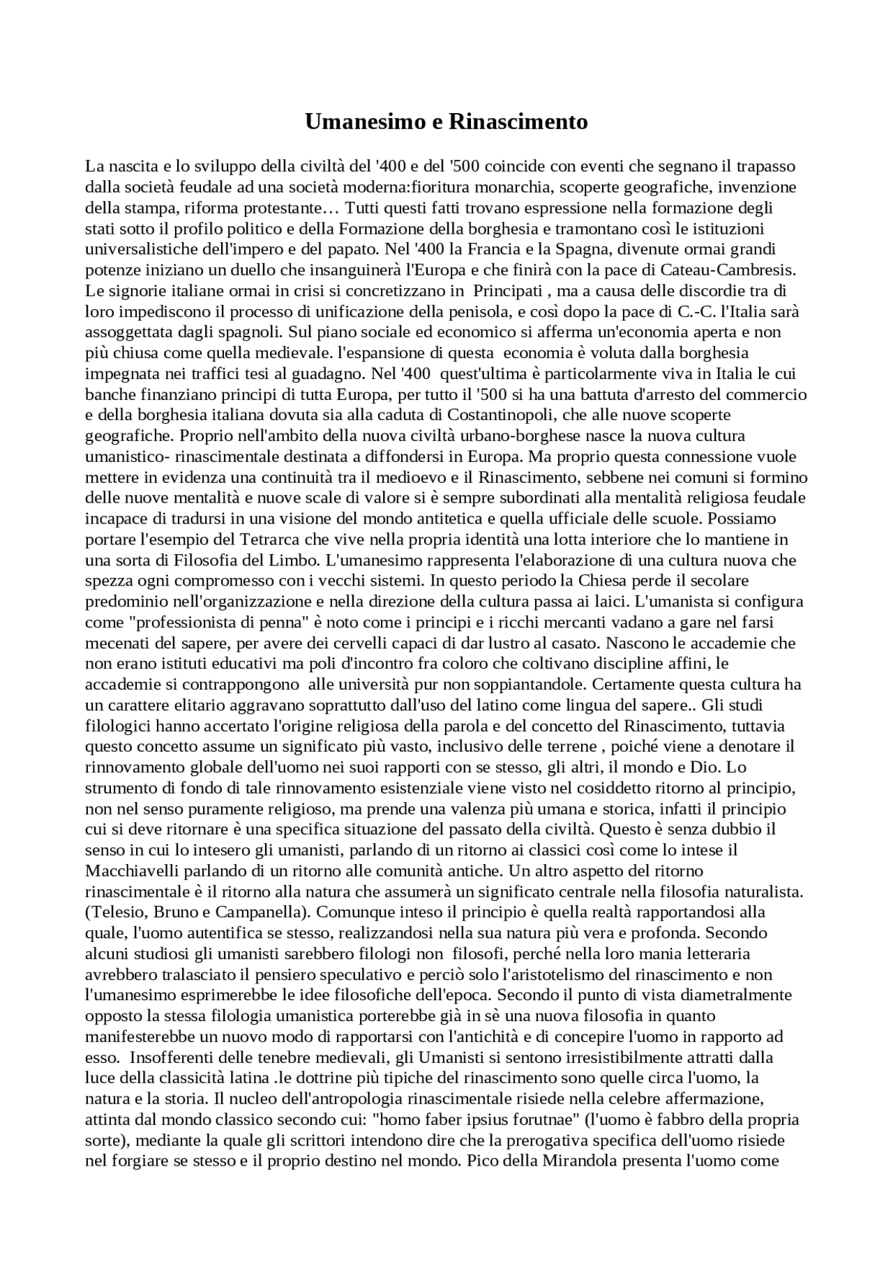 Umanesimo E Rinascimento Docsity