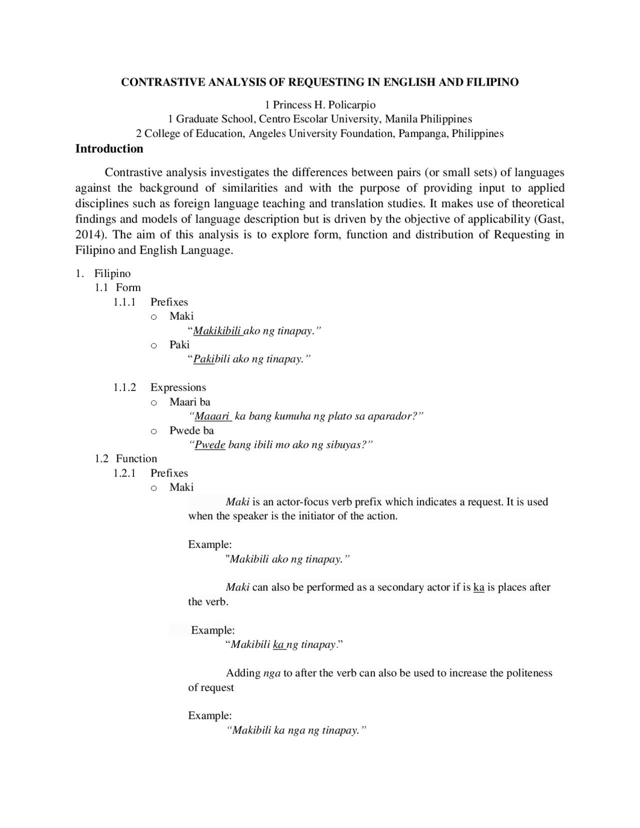 Contrastive Analysis Of Requesting In English And Filipino Docsity