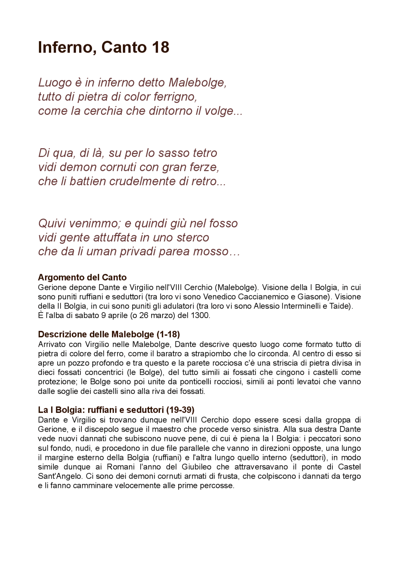 Inferno, Canto 18 Divina Commedia - Docsity
