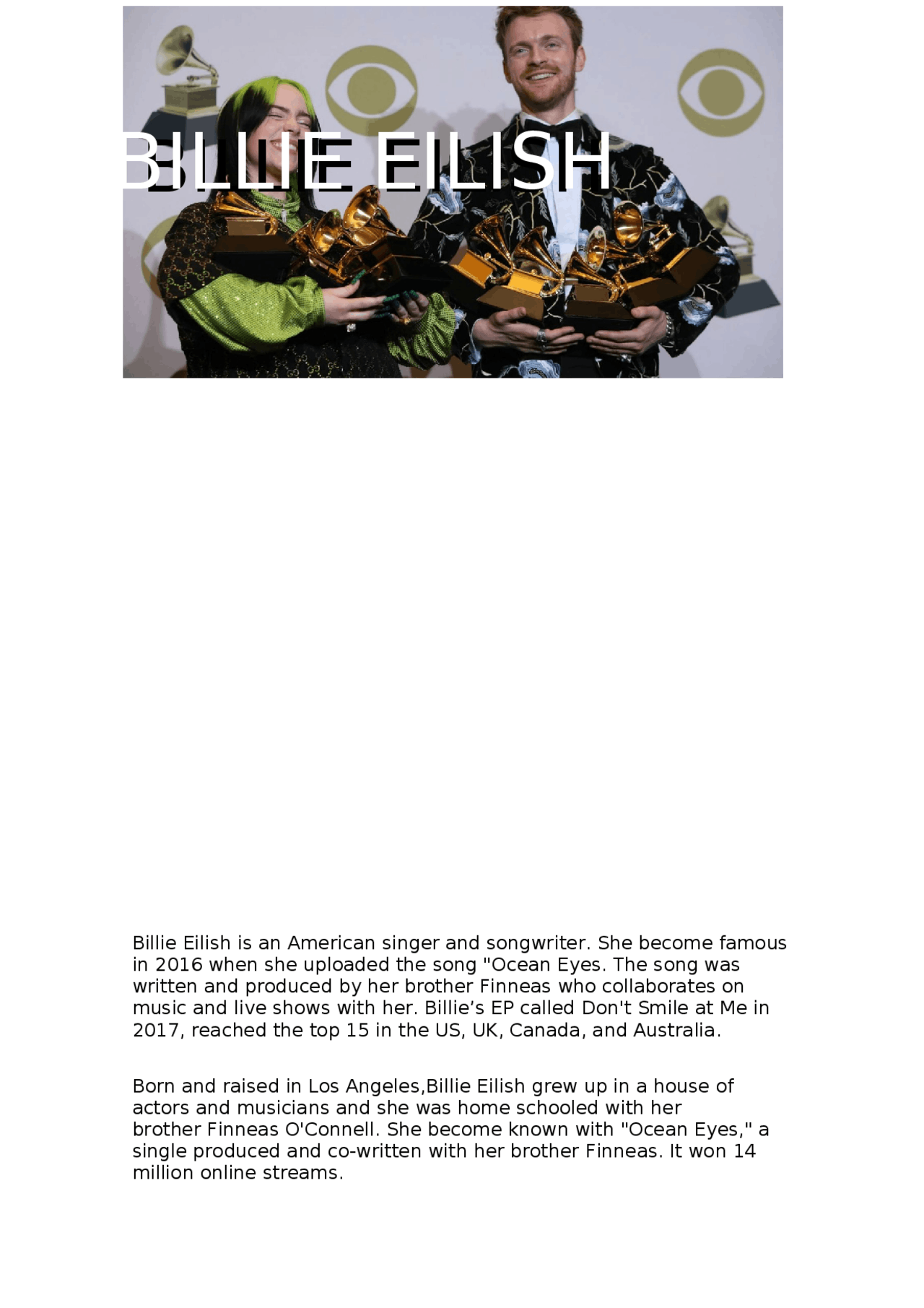 Billie eilish biography | Ejercicios de Inglés | Docsity