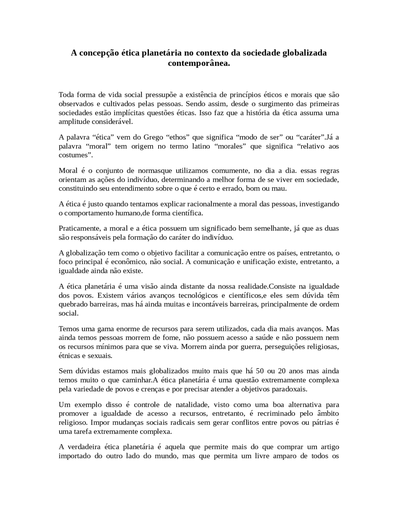 FILOSOFIA ÉTICA PLANETÁRIA NO CONTEXTO DA SOCIEDADE GLOBALIZADA ...