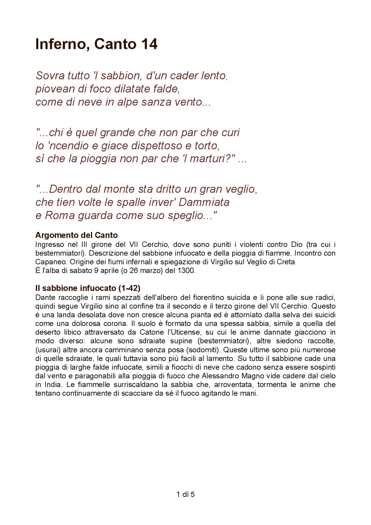 Inferno, Canto 14 Divina Commedia - Docsity