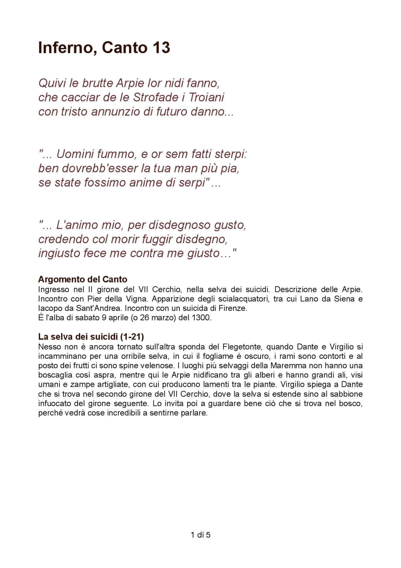 Inferno, Canto 13 Divina Commedia - Docsity