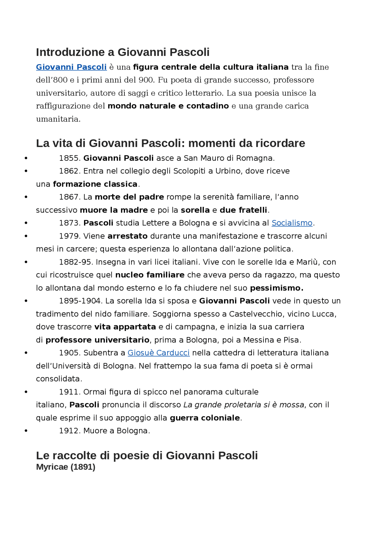 Pascoli Giovanni Vita E Opere Docsity