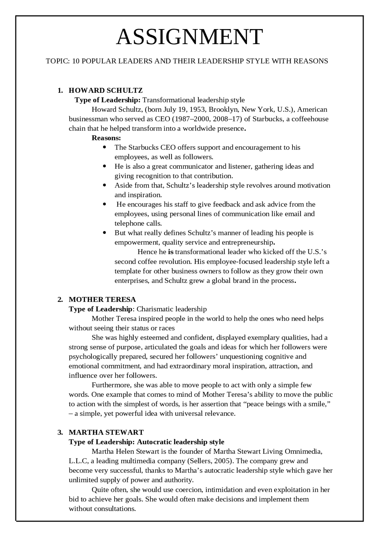 Popular leader and his leadership skills | Assignments English | Docsity