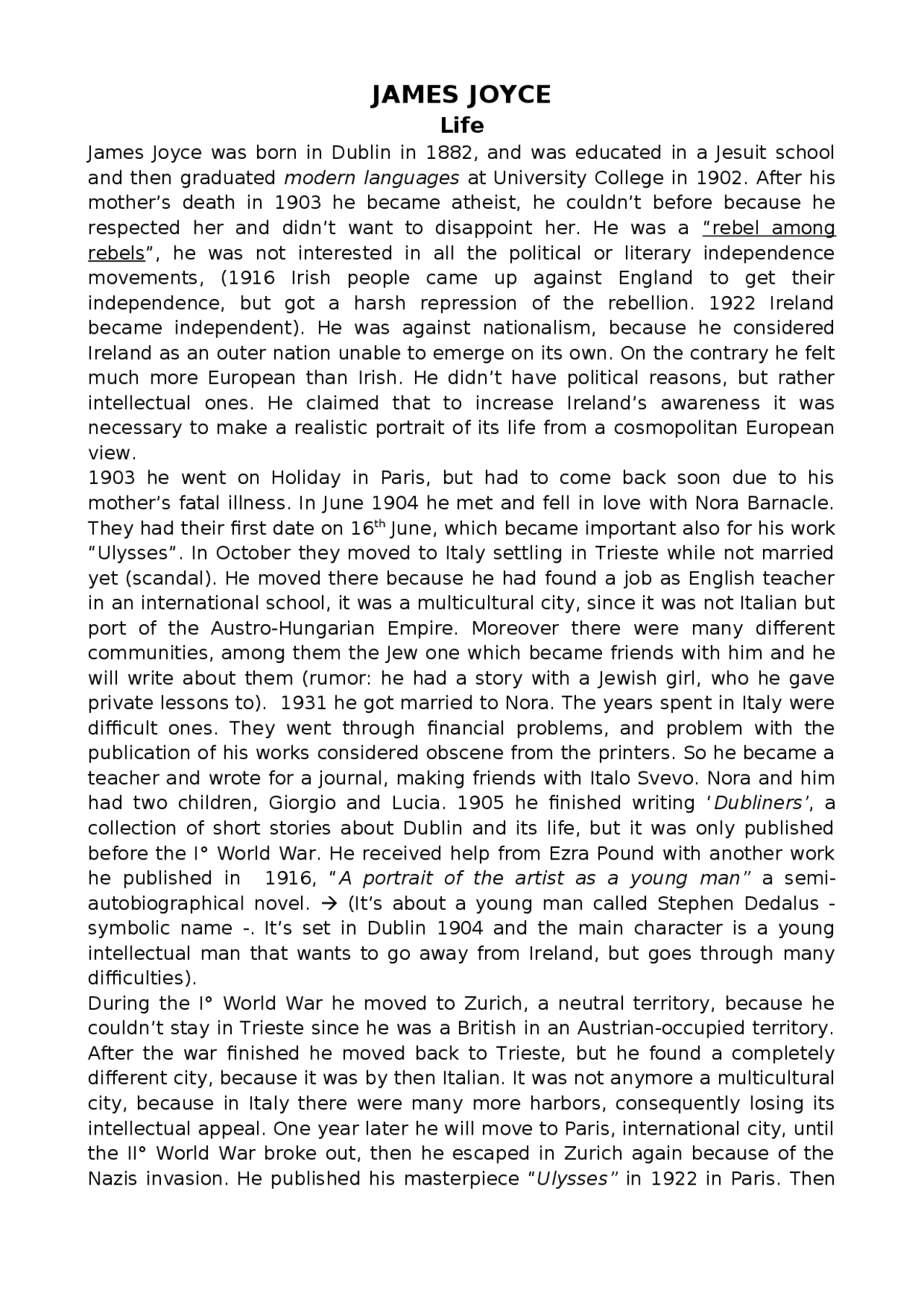 James Joyce Vita E Opere Résumés De Anglais Docsity