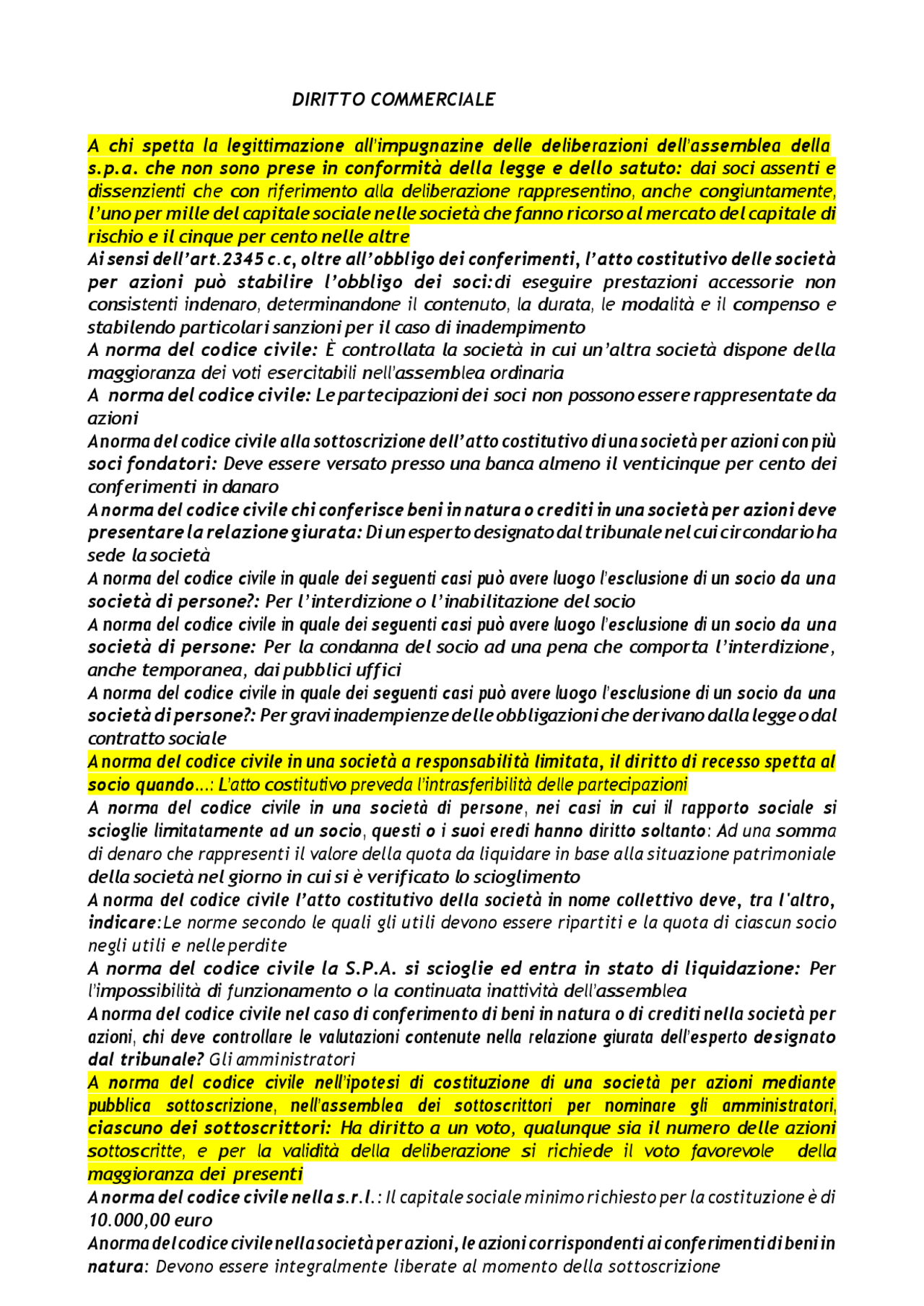 Test Di Diritto Commerciale Con Risposte L 18 Unipegaso Docsity