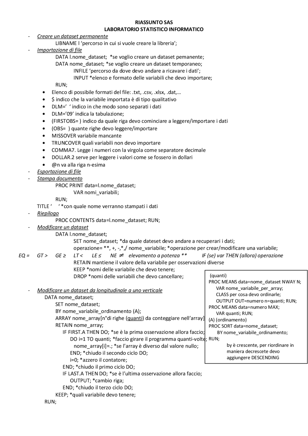 Riassunto Del Software Sas Docsity