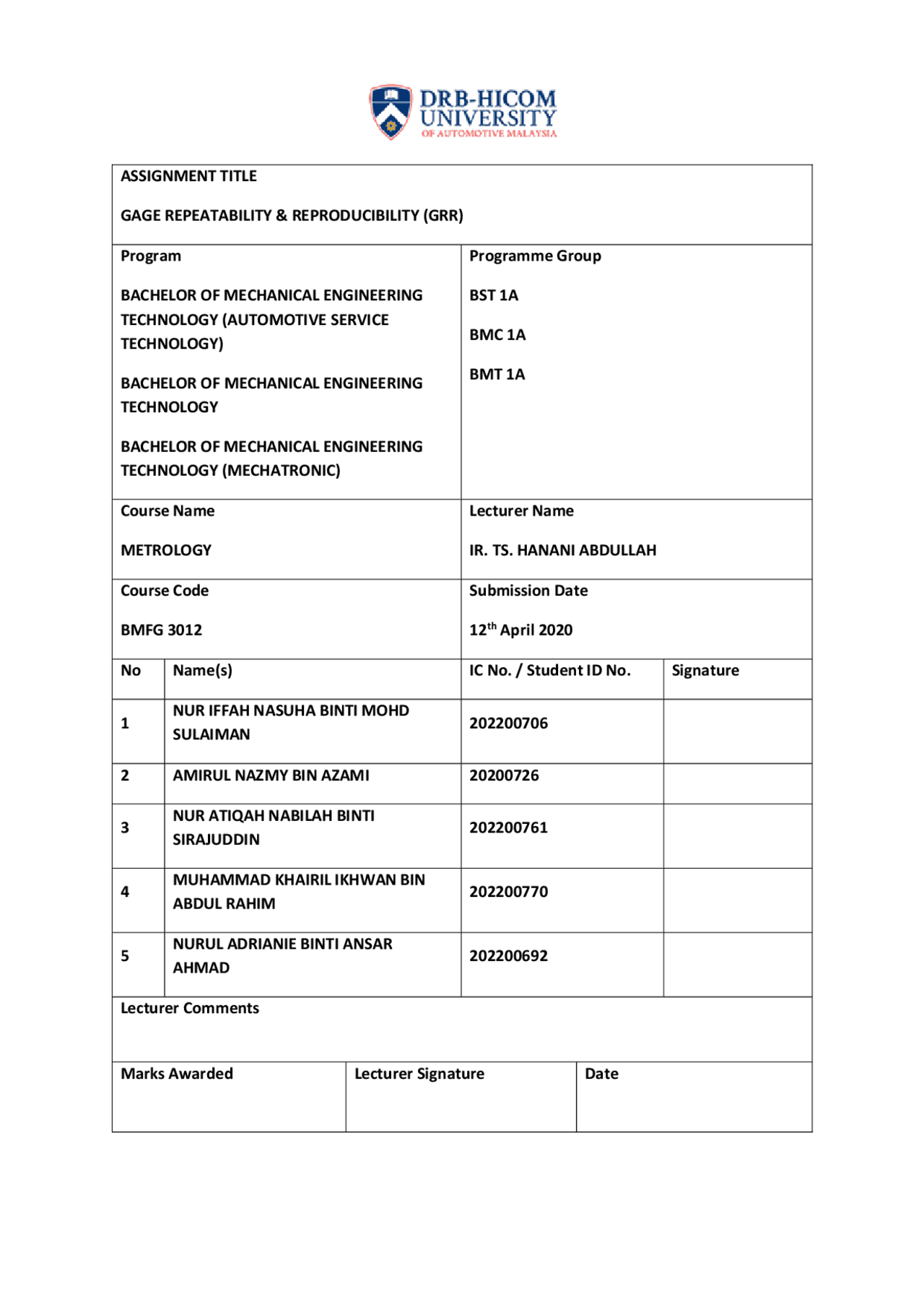 Gage and Repeatability - Docsity