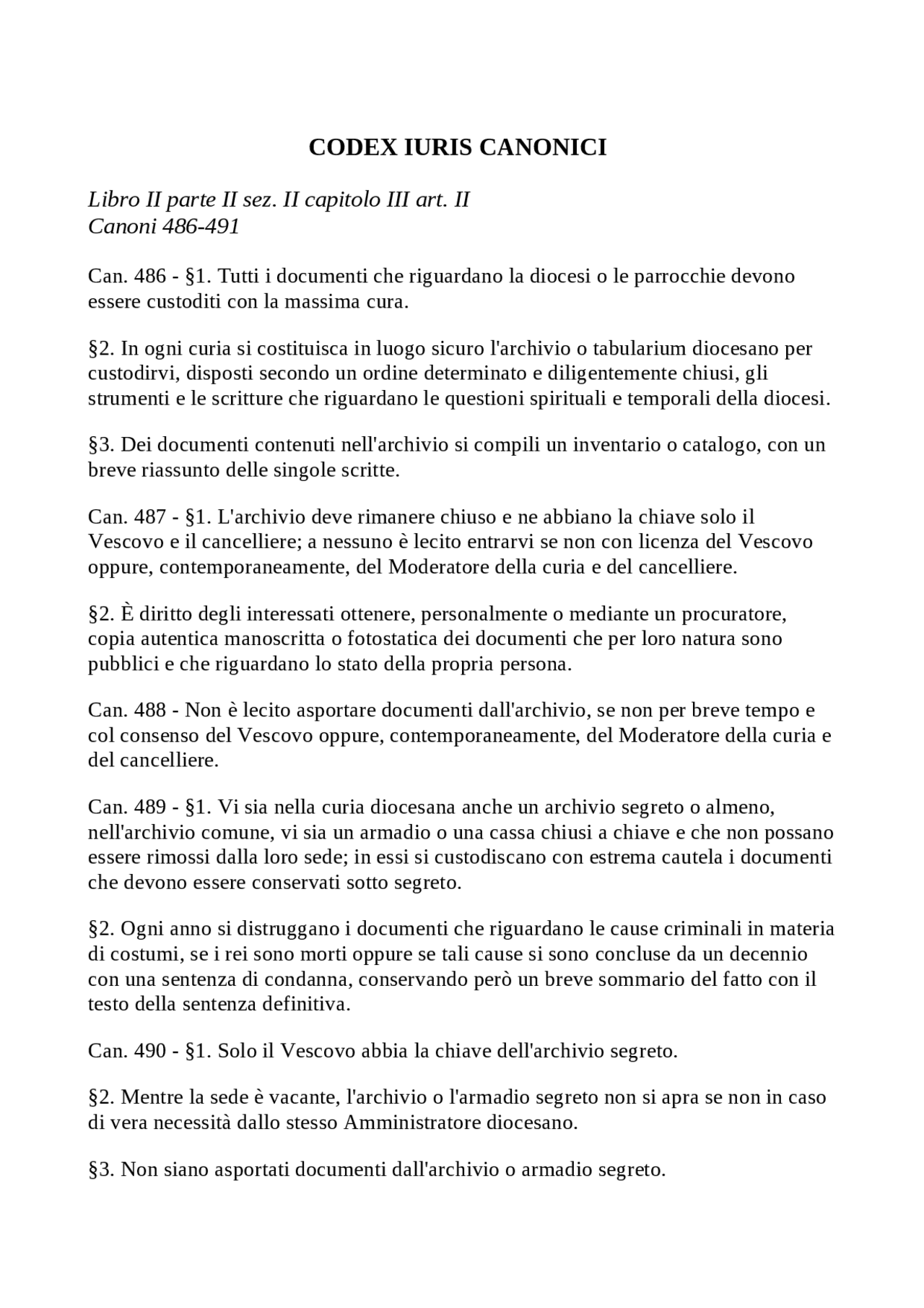 Codice del diritto canonico archivistico - Docsity