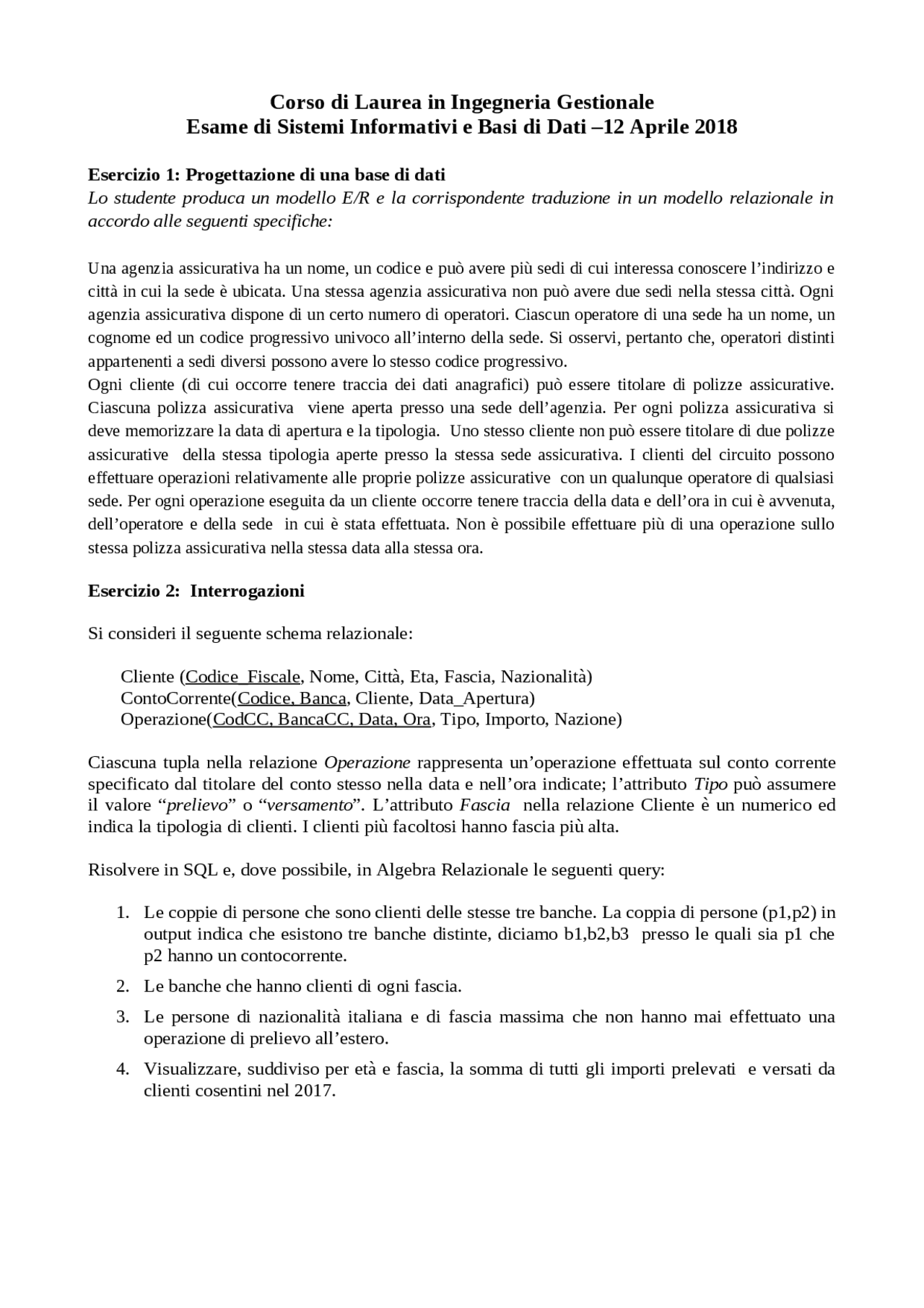 Esercizi Dappello Sistemi Informativi E Basi Di Dati Docsity