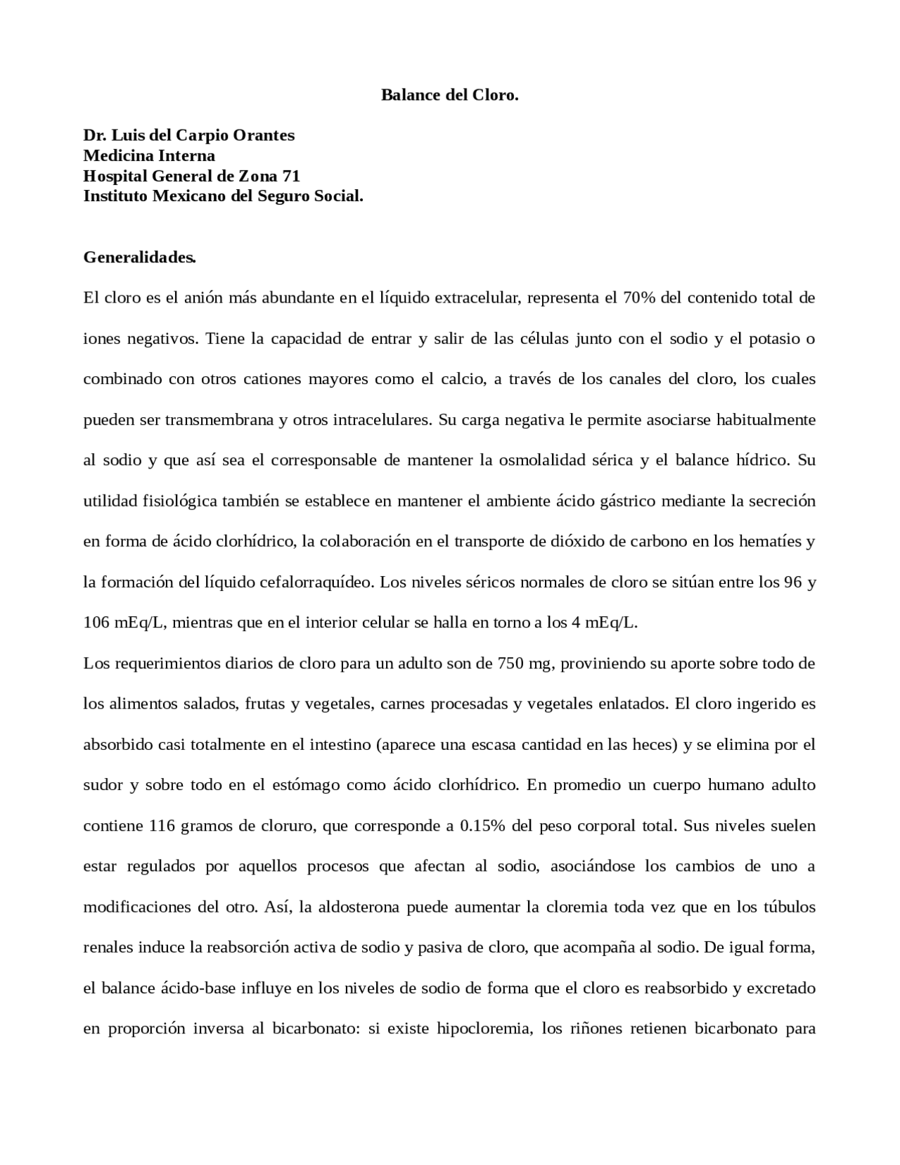 Balance del cloro final, cloremia, acido-base - Docsity