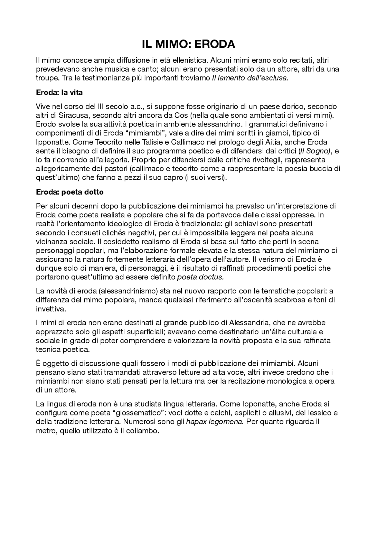 Eroda E Il Mimo Scheda Riassuntiva Docsity