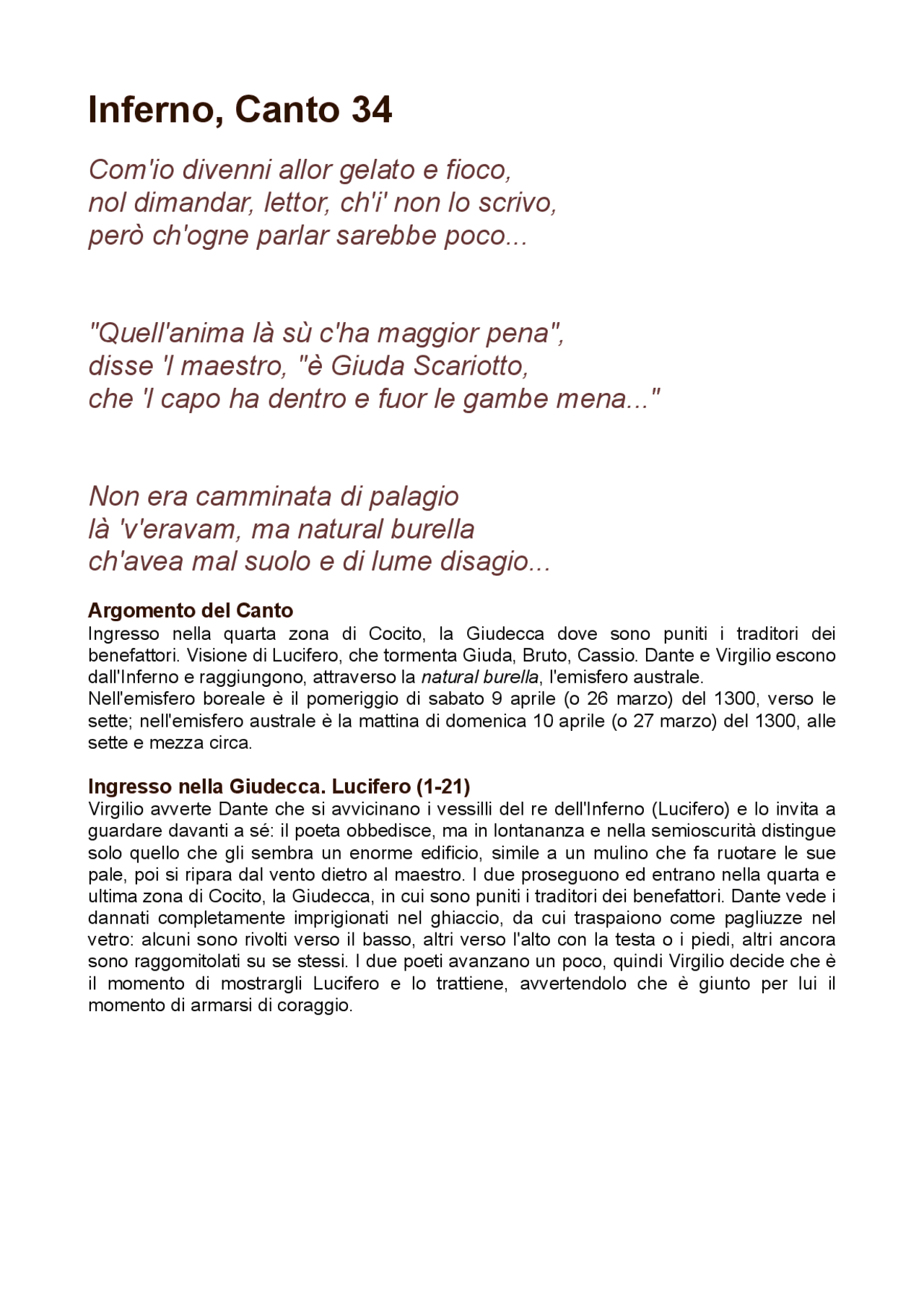 Inferno, Canto 34 Divina Commedia - Docsity
