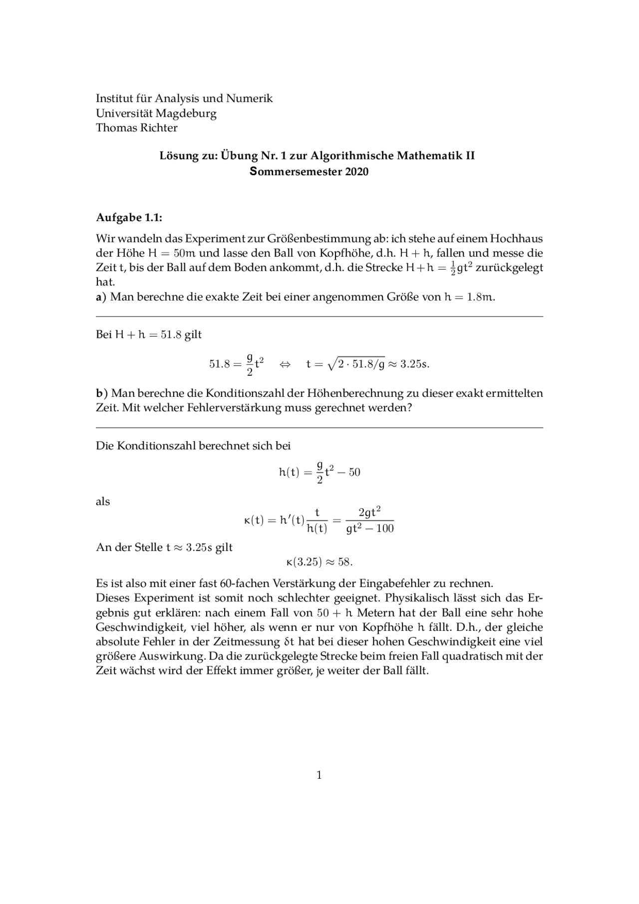 Lösung zu: Übung Nr. 1 zur Algorithmische Mathematik II WS 19/20 - Docsity