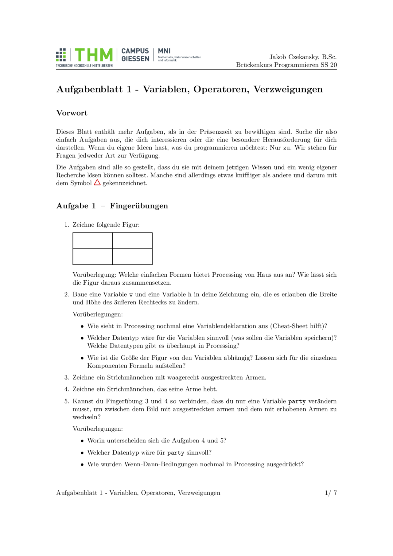 Aufgabenblatt Programmieren: Variablen, Operatoren, Verzweigungen - Docsity