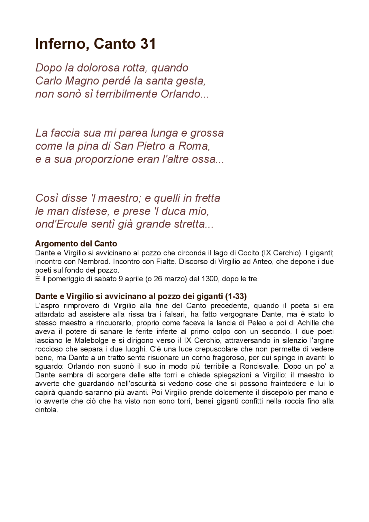 Inferno, Canto 31 Divina Commedia - Docsity
