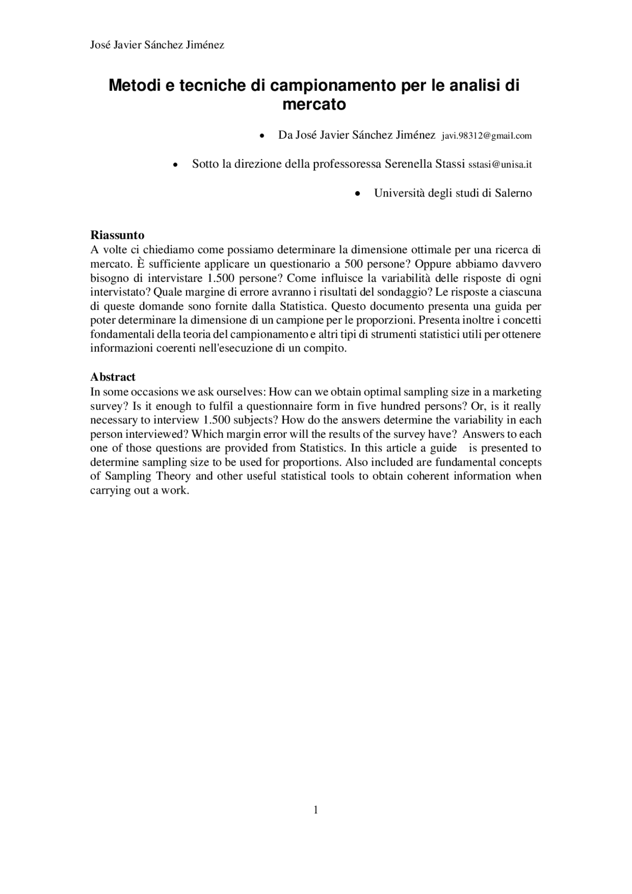 Metodi E Tecniche Di Campionamento Per Le Analisi Di Mercato Docsity