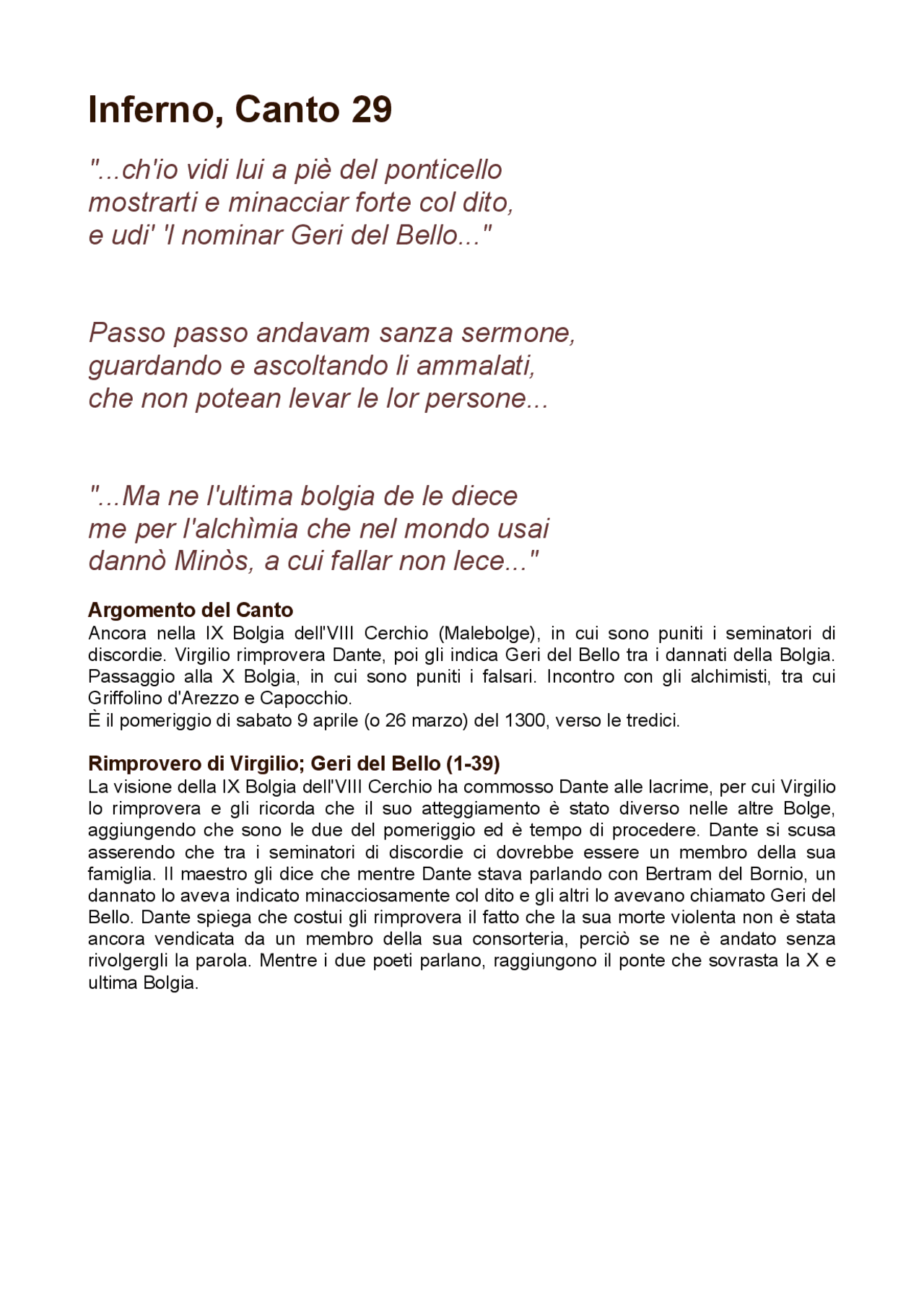 Inferno, Canto 29 Divina Commedia - Docsity