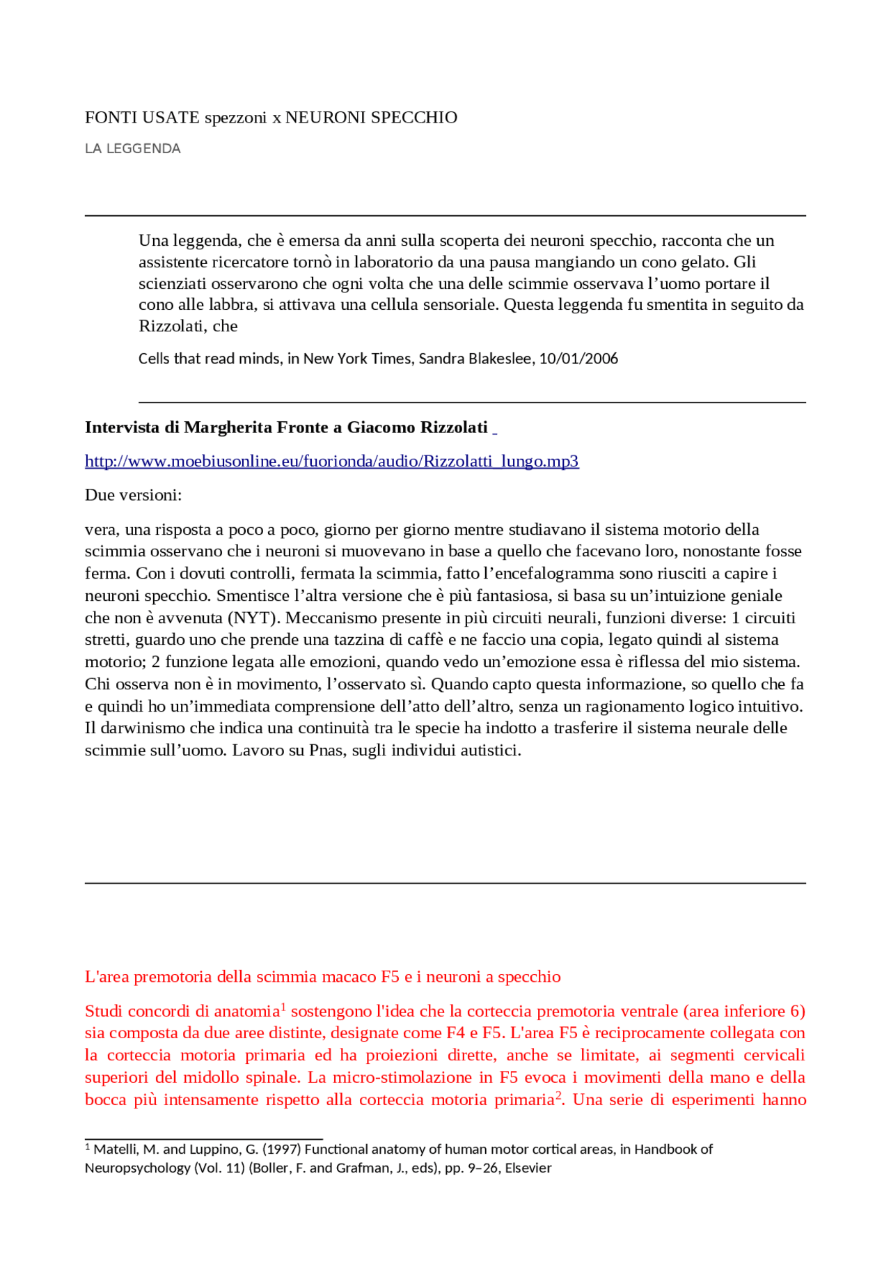 Fonti per ricerche sui neuroni specchio - Docsity