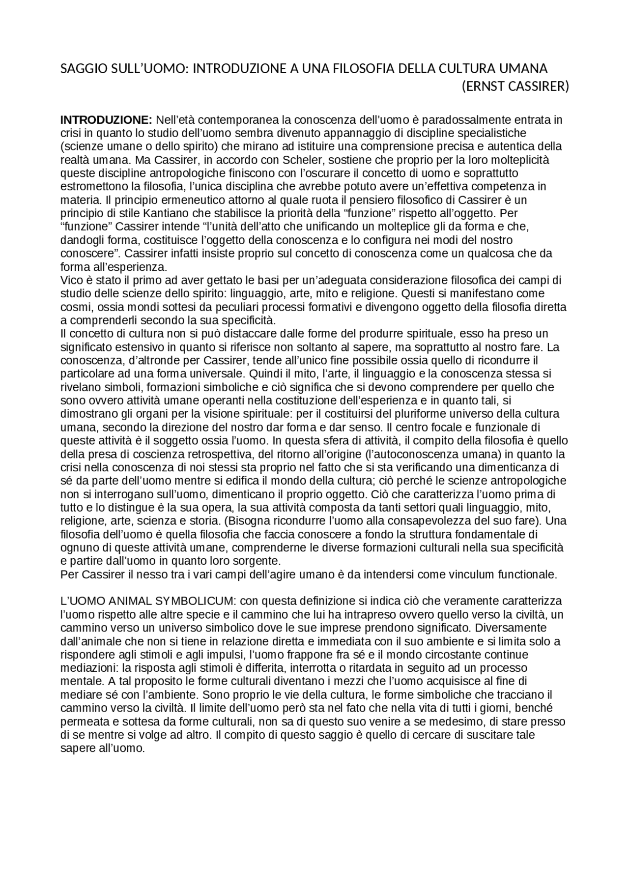 Saggio Sulluomo Di Cassirer Docsity