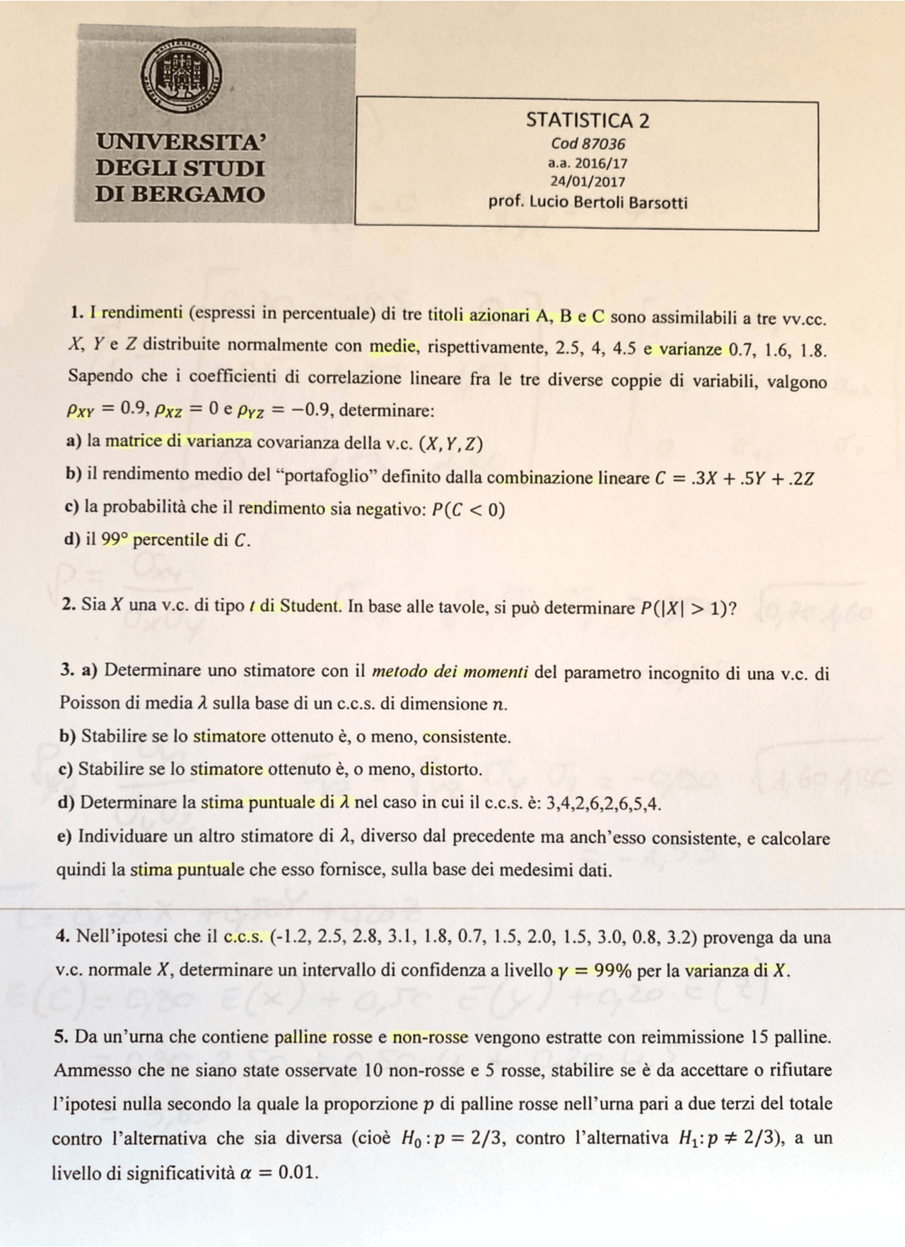 Statistica Risoluzione Prova Esame 3 Docsity
