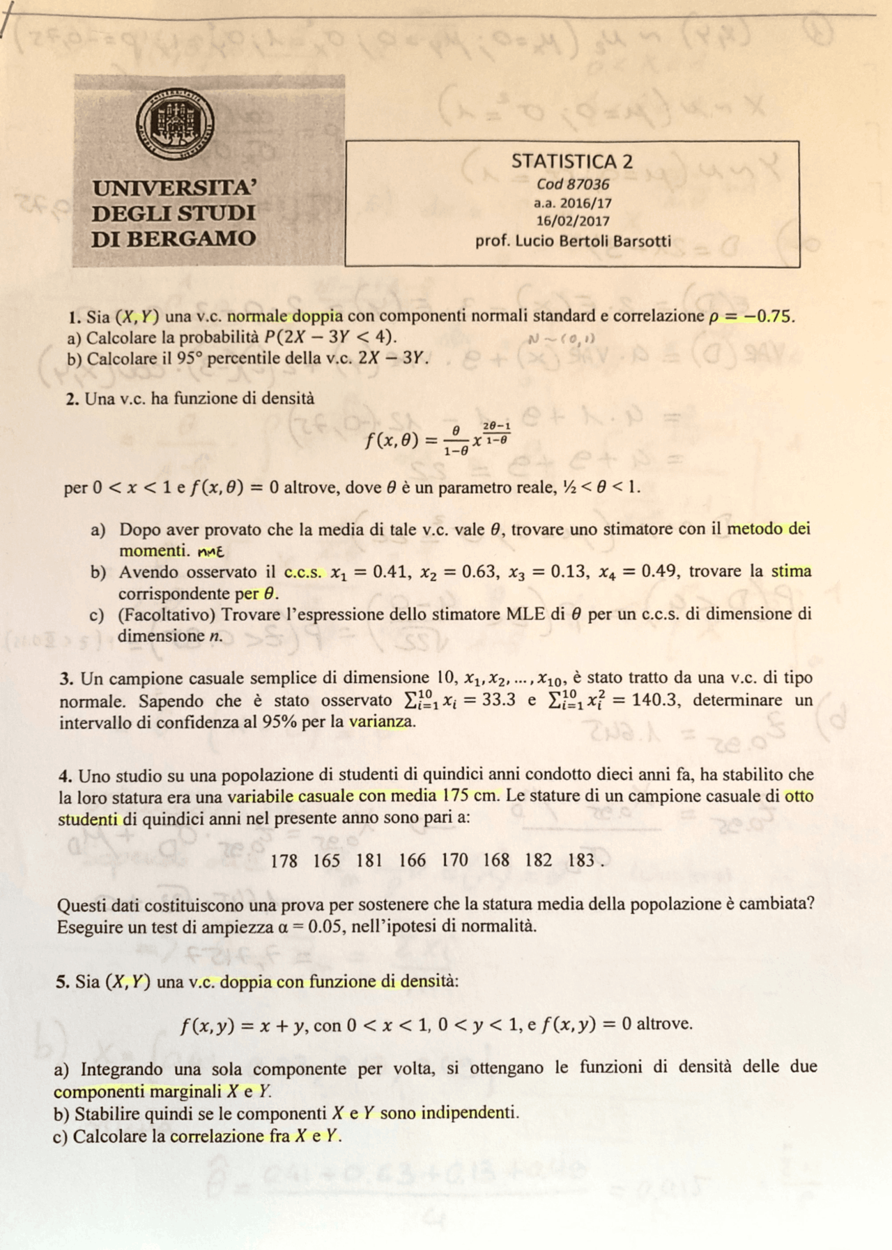 Statistica Risoluzione Prova Esame 2 Prove Desame Di Statistica