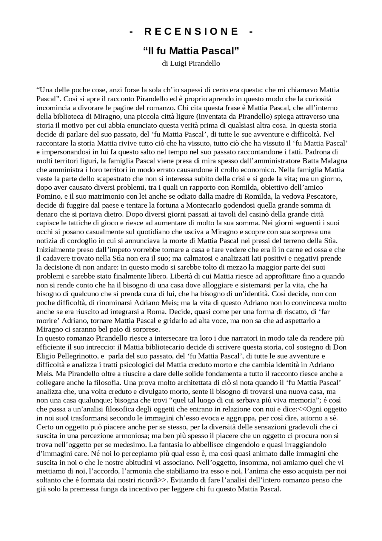 Il Fu Mattia Pascal Sintesi Riassunto Libro Docsity