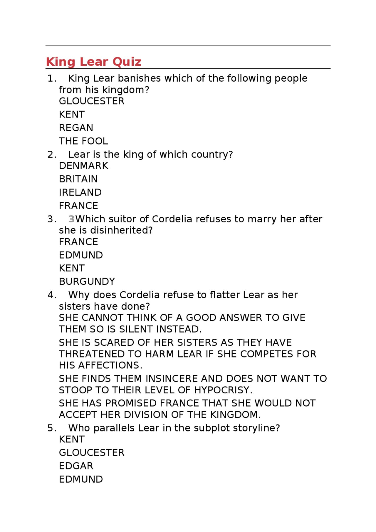 King Lear quiz english literature | Assignments English Literature ...