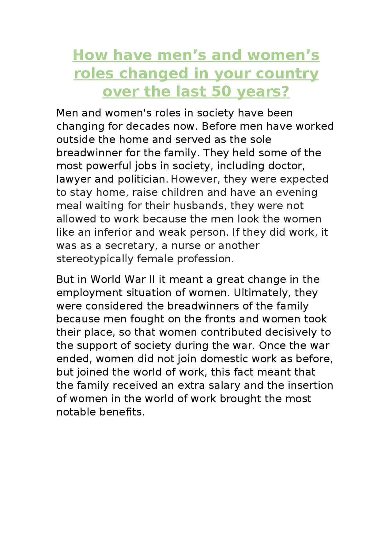 How have men’s and women’s roles changed - Docsity
