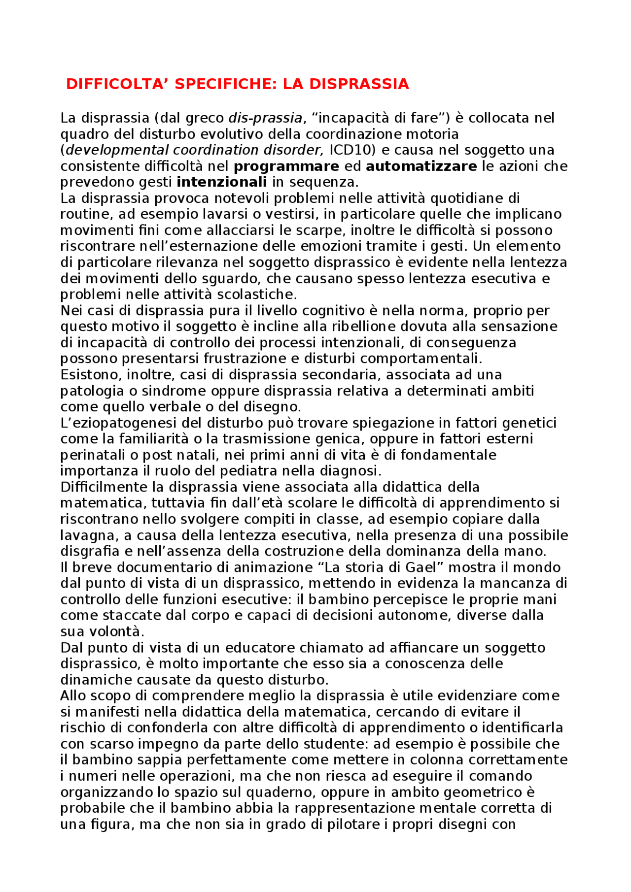 Disprassia Di Ogni Livello Docsity