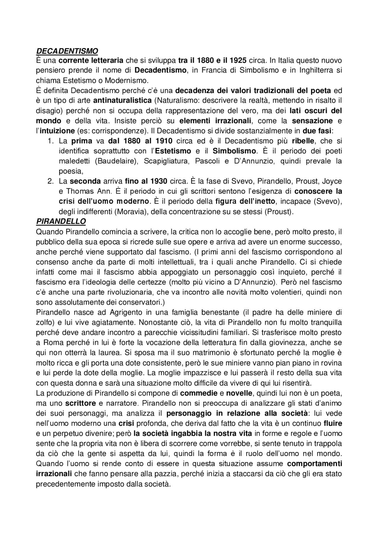 Riassunto Periodo Decadentismo Docsity
