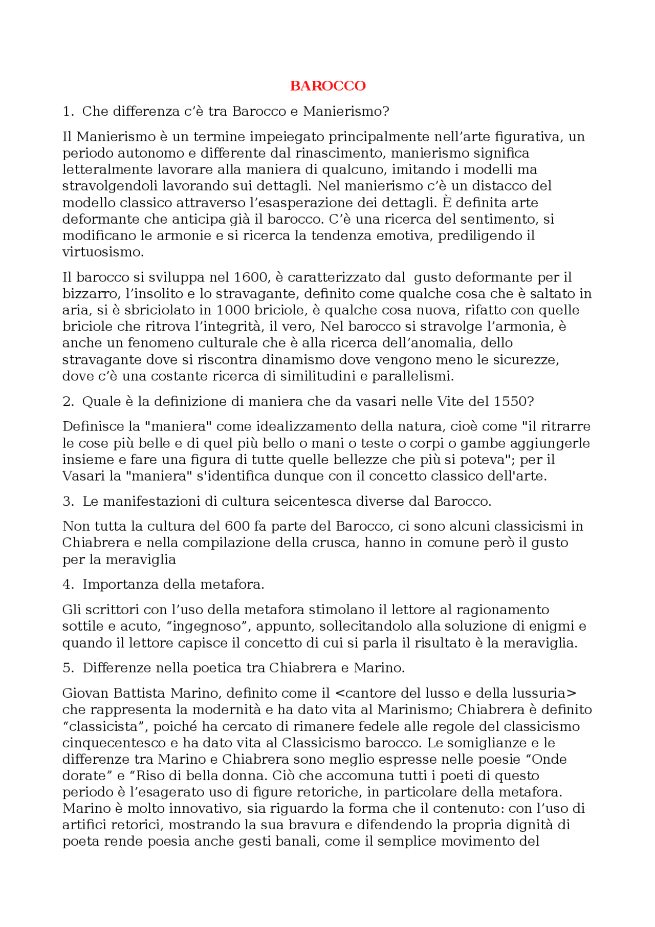 Il Barocco in Letteratura Italiana | Esercizi di Italiano | Docsity