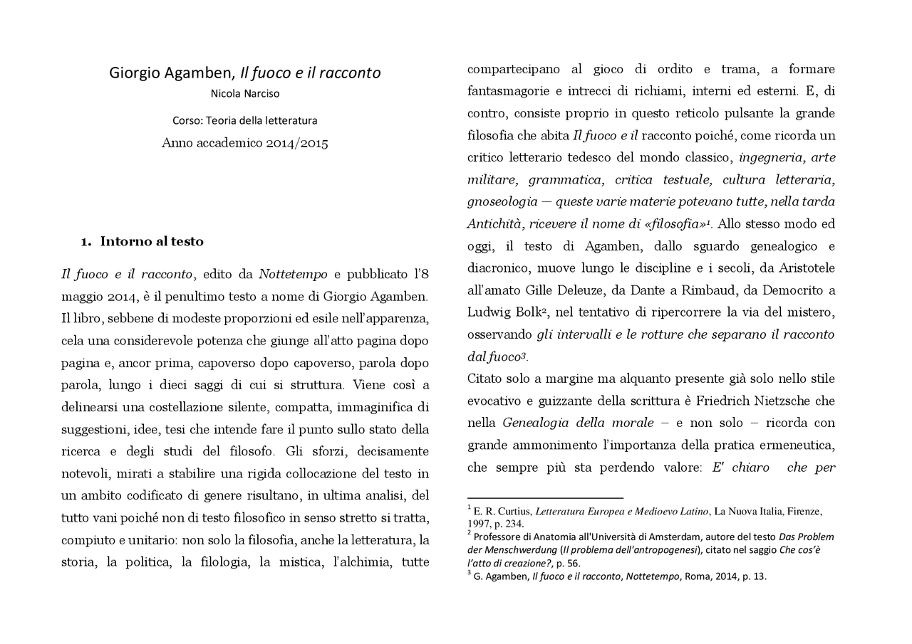 Il Fuoco E Il Racconto Di Giorgio Agamben Docsity
