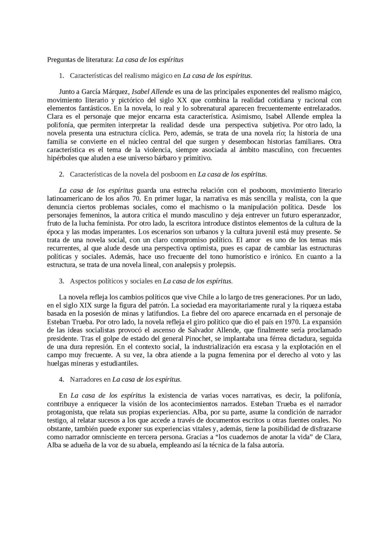 Cuestiones de La casa de los espíritus - Docsity