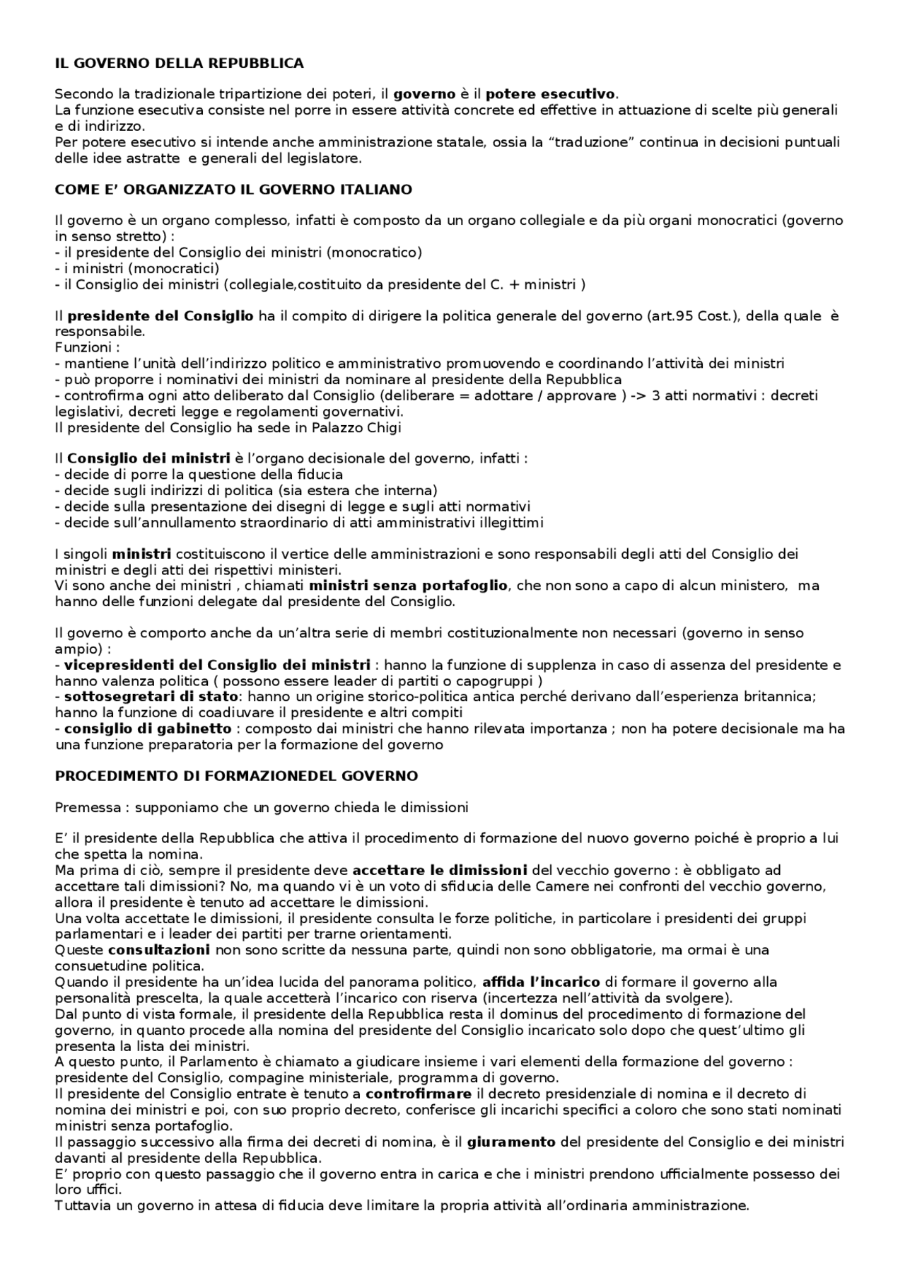 Il governo italiano - appunti sul governo italiano - Docsity