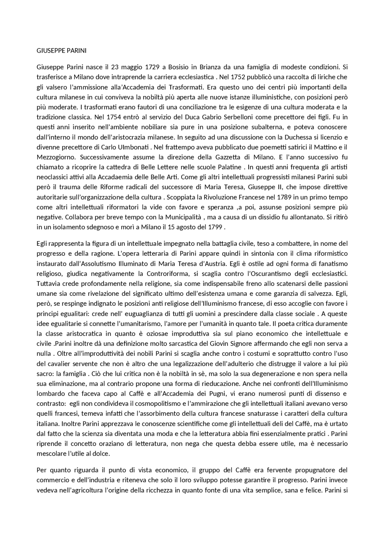 Alfieri E Parini Vita E Opere Docsity