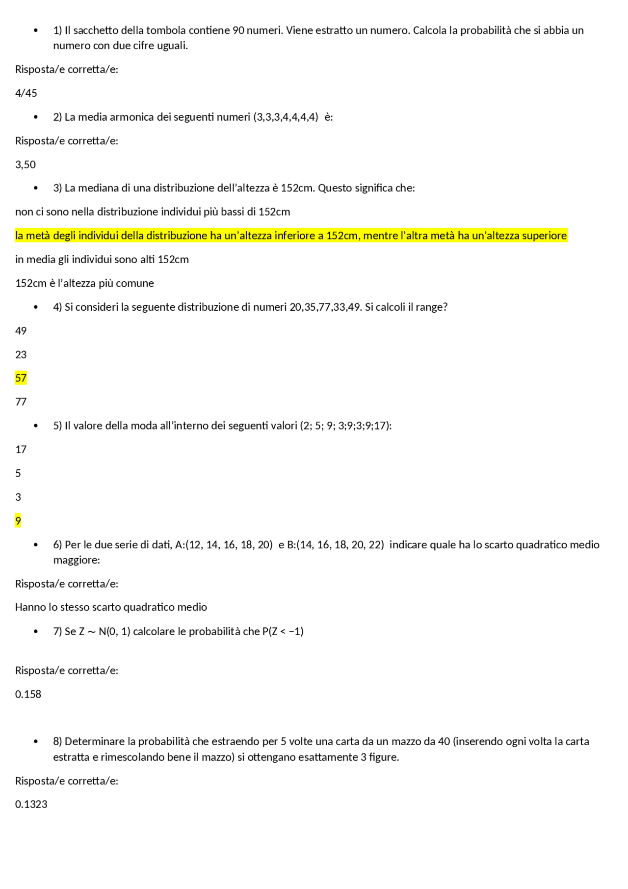 Domande Multiple Statistica Docsity