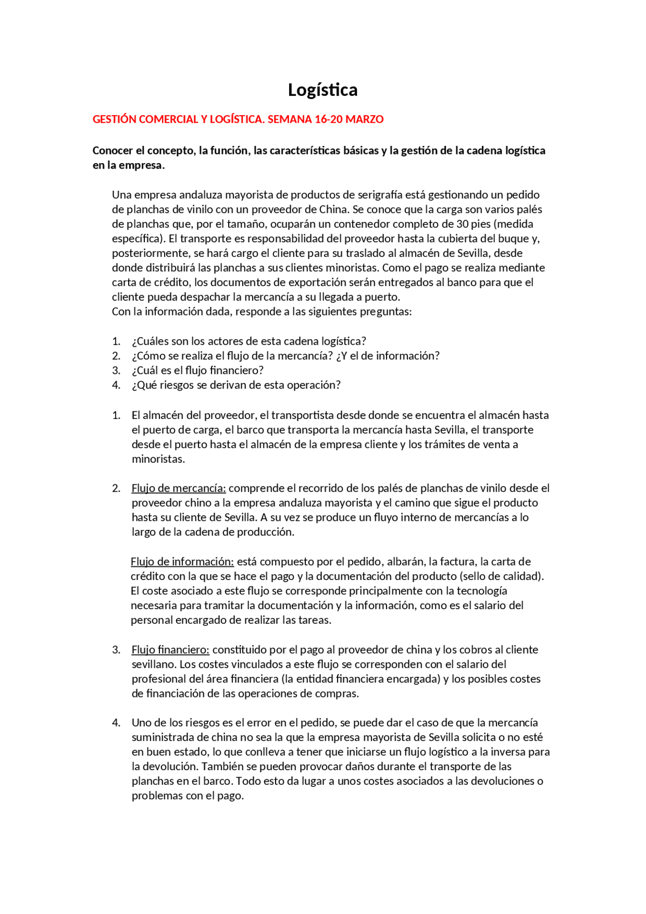 Logísitca actividades complementarias | Ejercicios de Contabilidad | Docsity