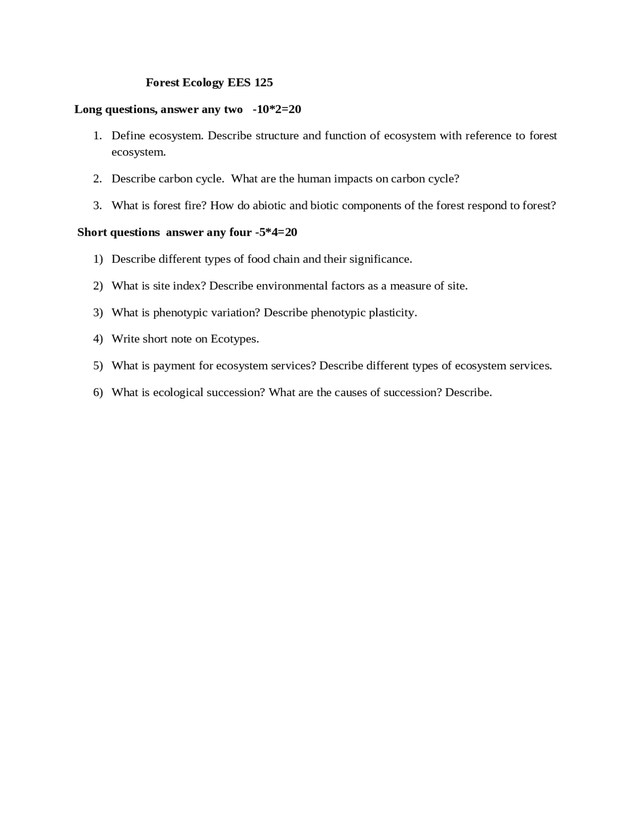 Forest Ecology Model Questions Docsity
