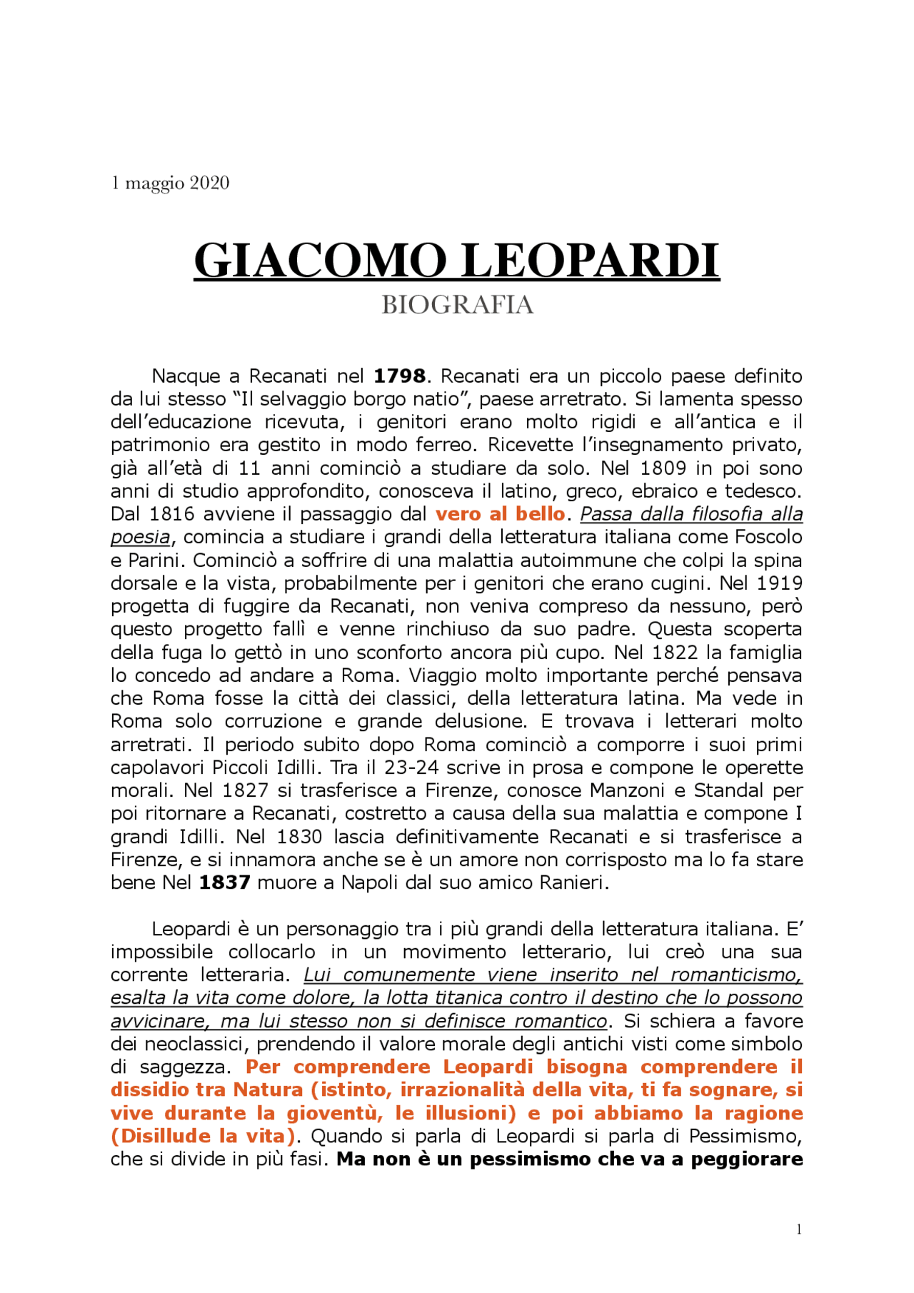 Giacomo Leopardi biografia - Docsity