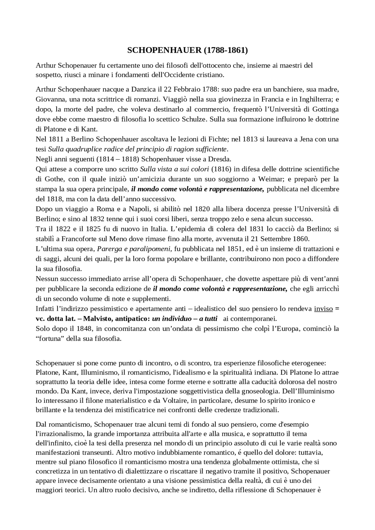 Schopenauer Appunti Filosofia Docsity