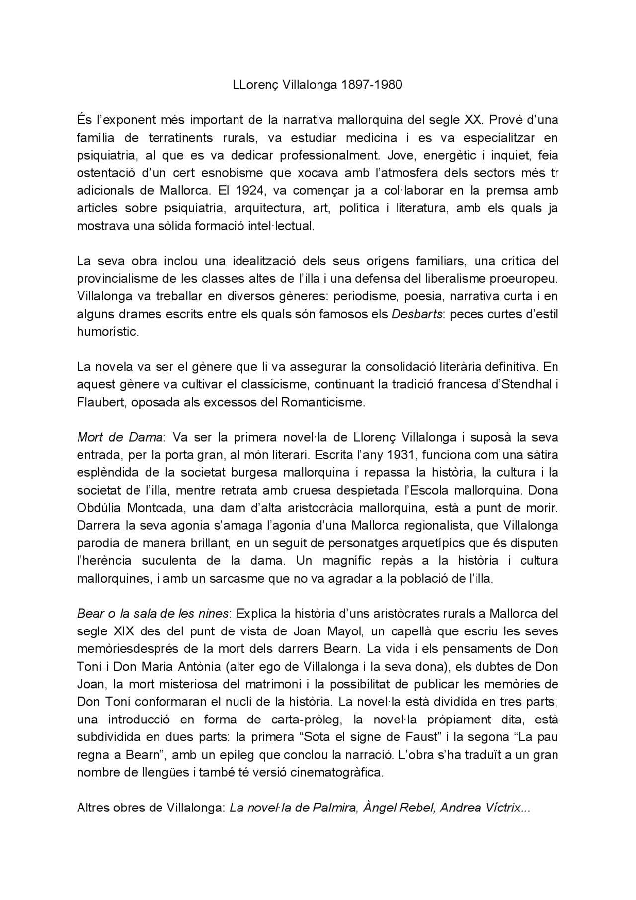 Resum Llorenç Villalonga Resúmenes De Catalán Docsity