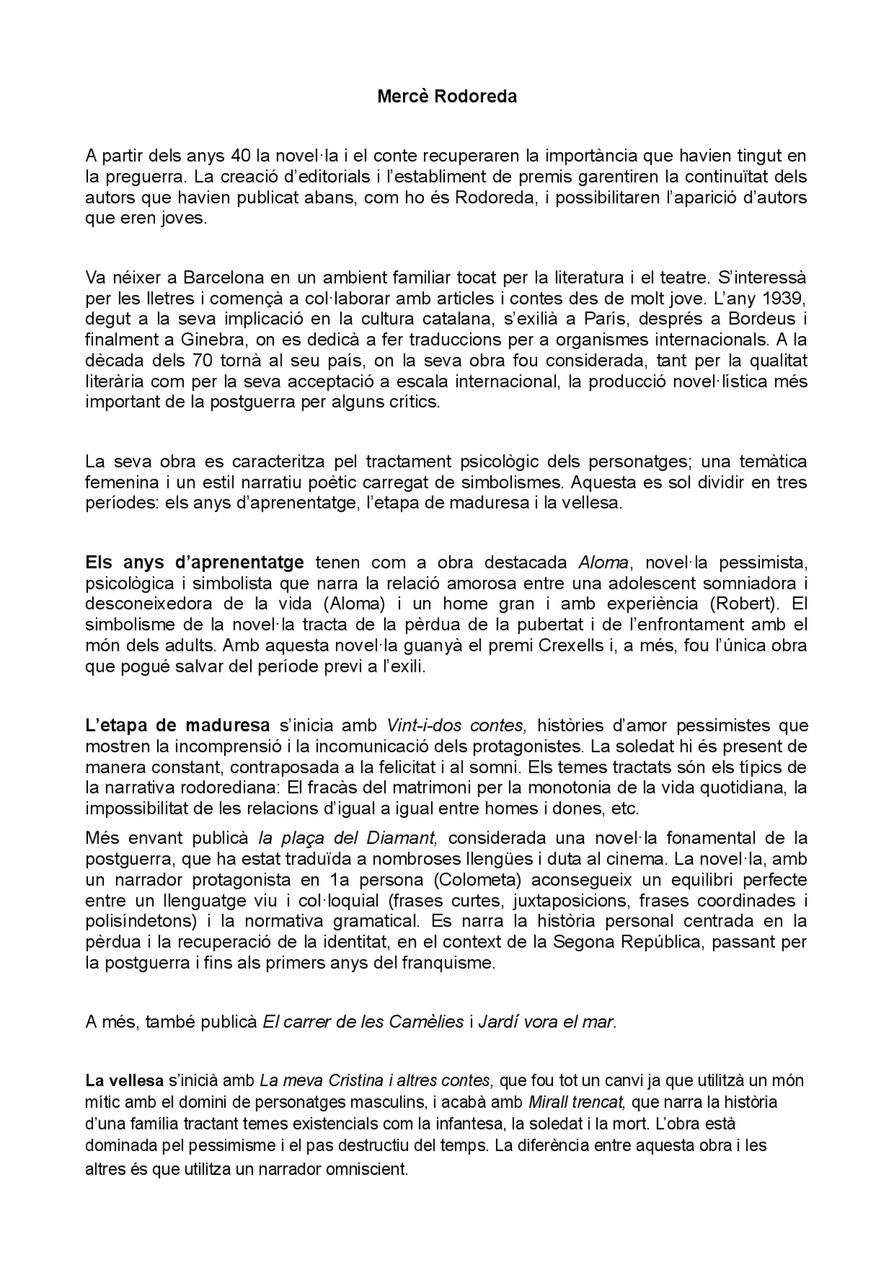 Resum Mercè Rodoreda Resúmenes De Catalán Docsity
