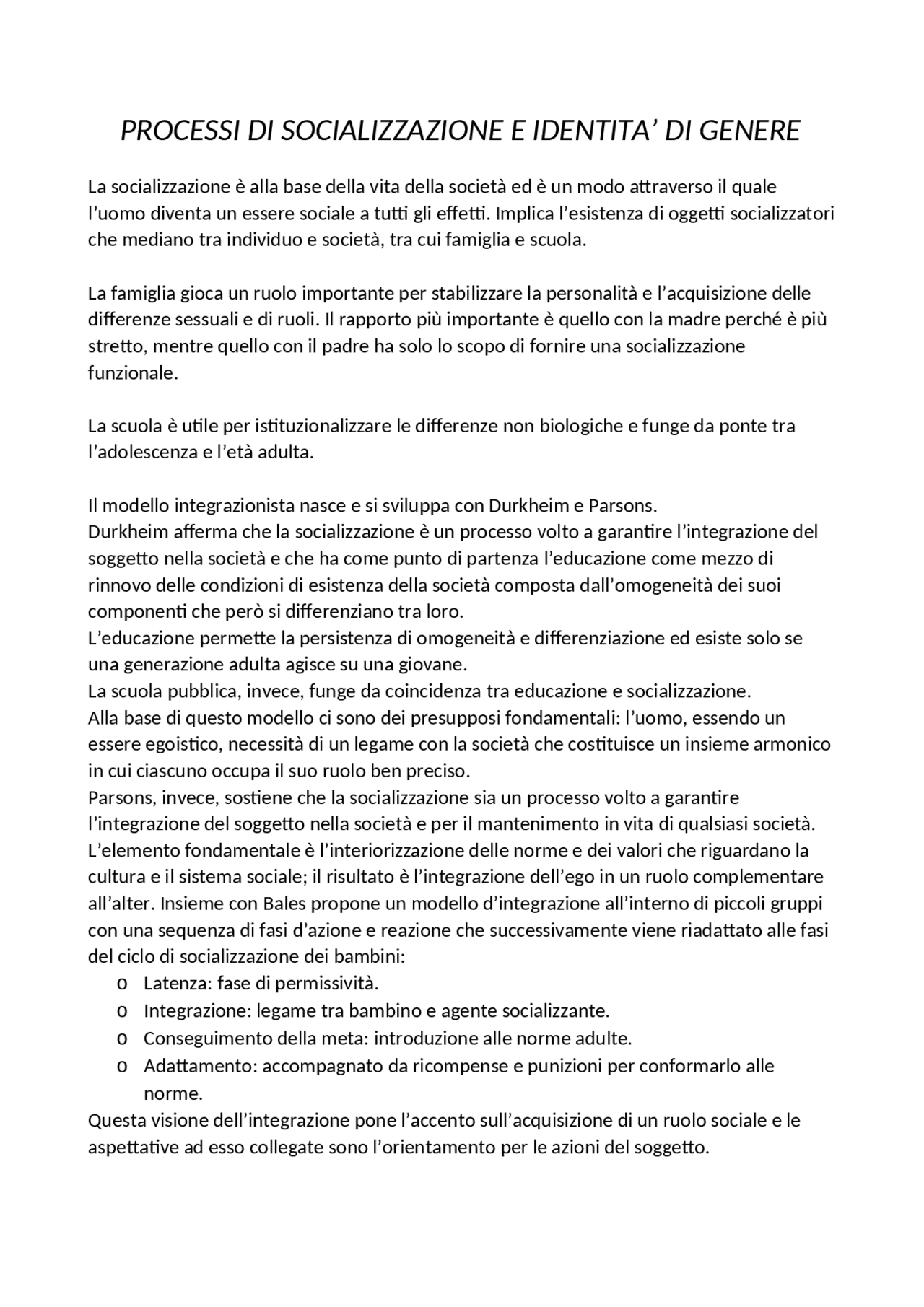 Processi Di Socializzazione E IdentitÀ Di Genere Docsity