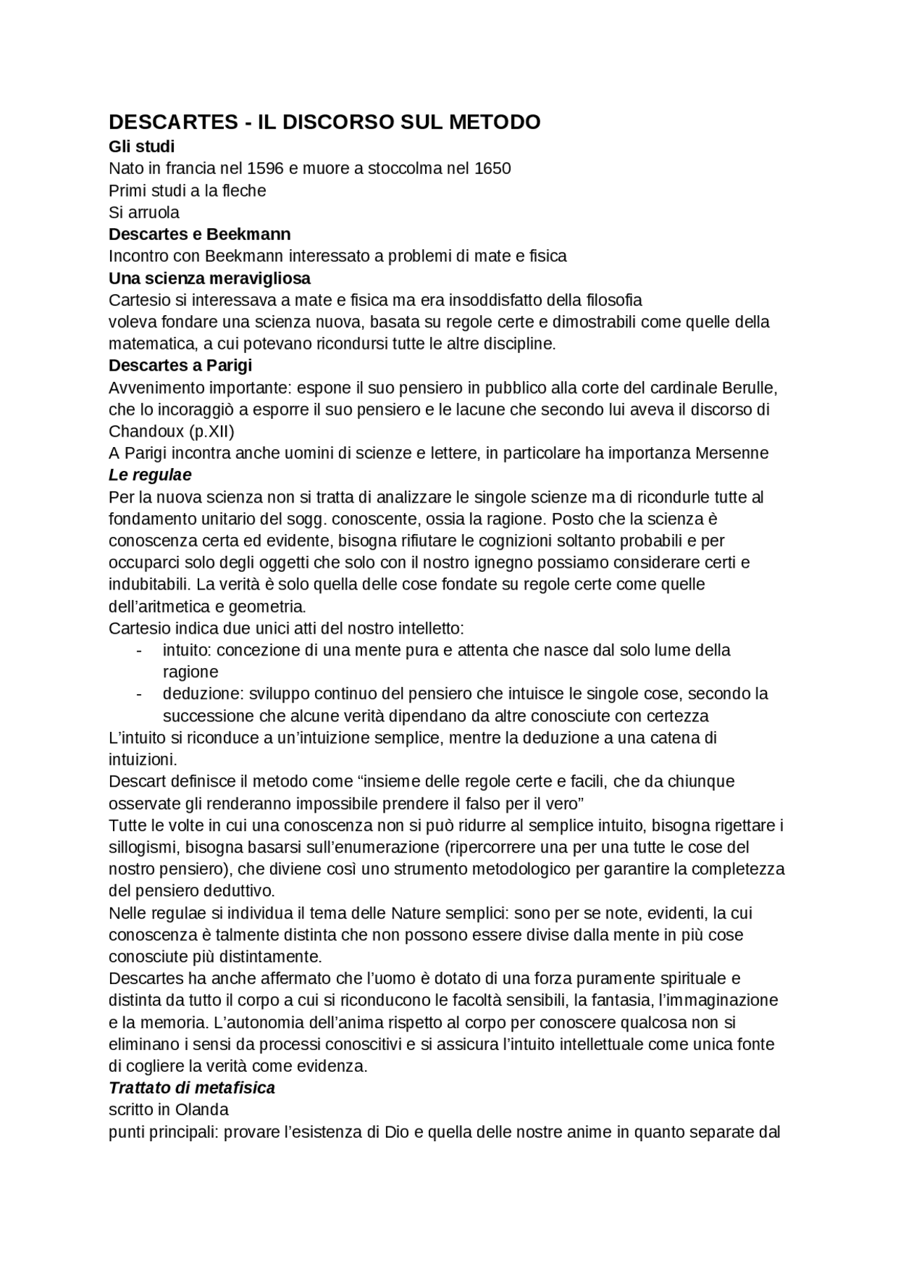 Discorso Sul Metodo Cartesio Docsity
