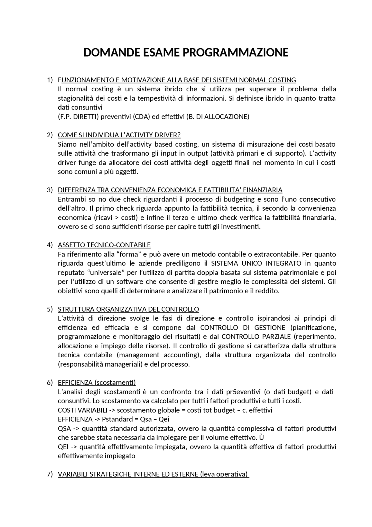 Domande esame di programmazione e controllo - Docsity